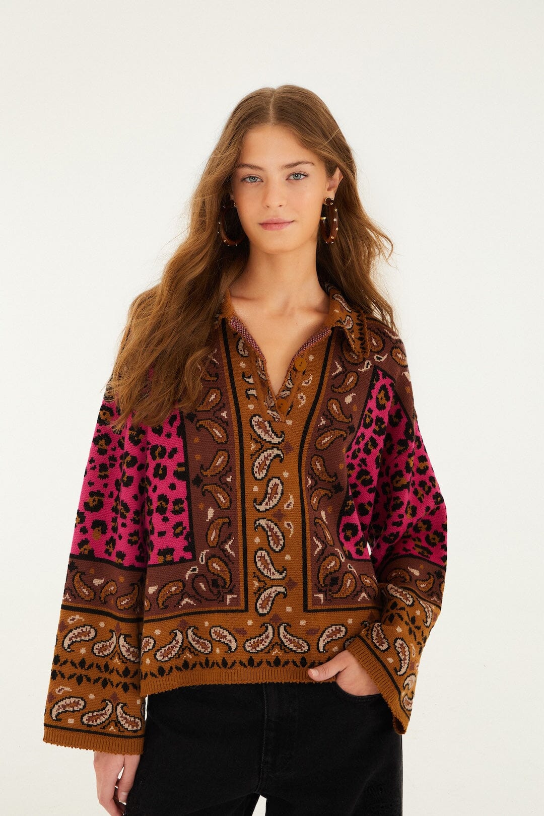 Brown Leopard Scarf Polo Knit Sweater | FARM Rio